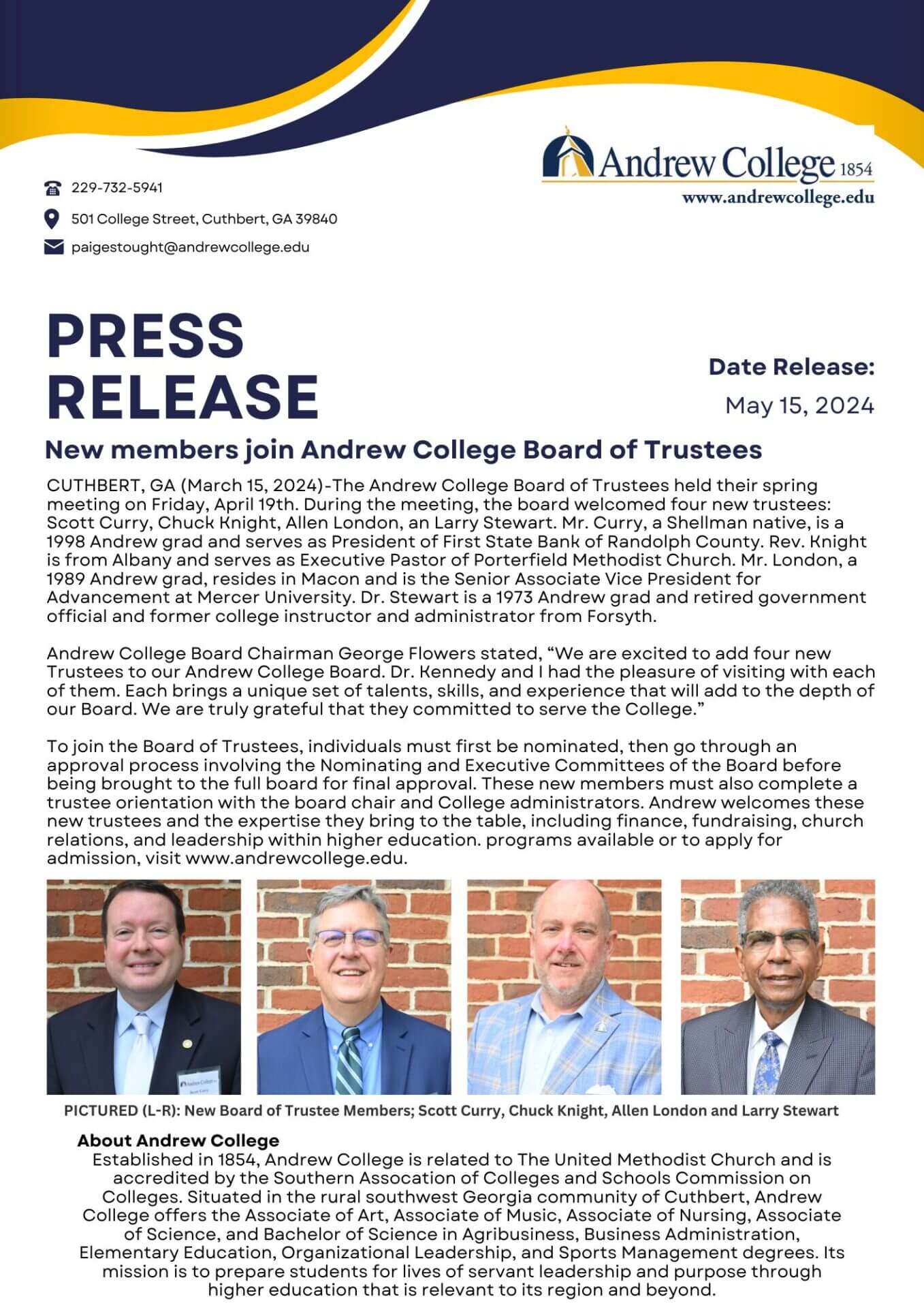 Andrew College Adds 4 new Board of Trustee Members this Spring | Andrew ...